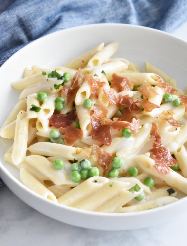 Creamy Penne with Peas and Crispy Prosciutto - Herbs & Flour