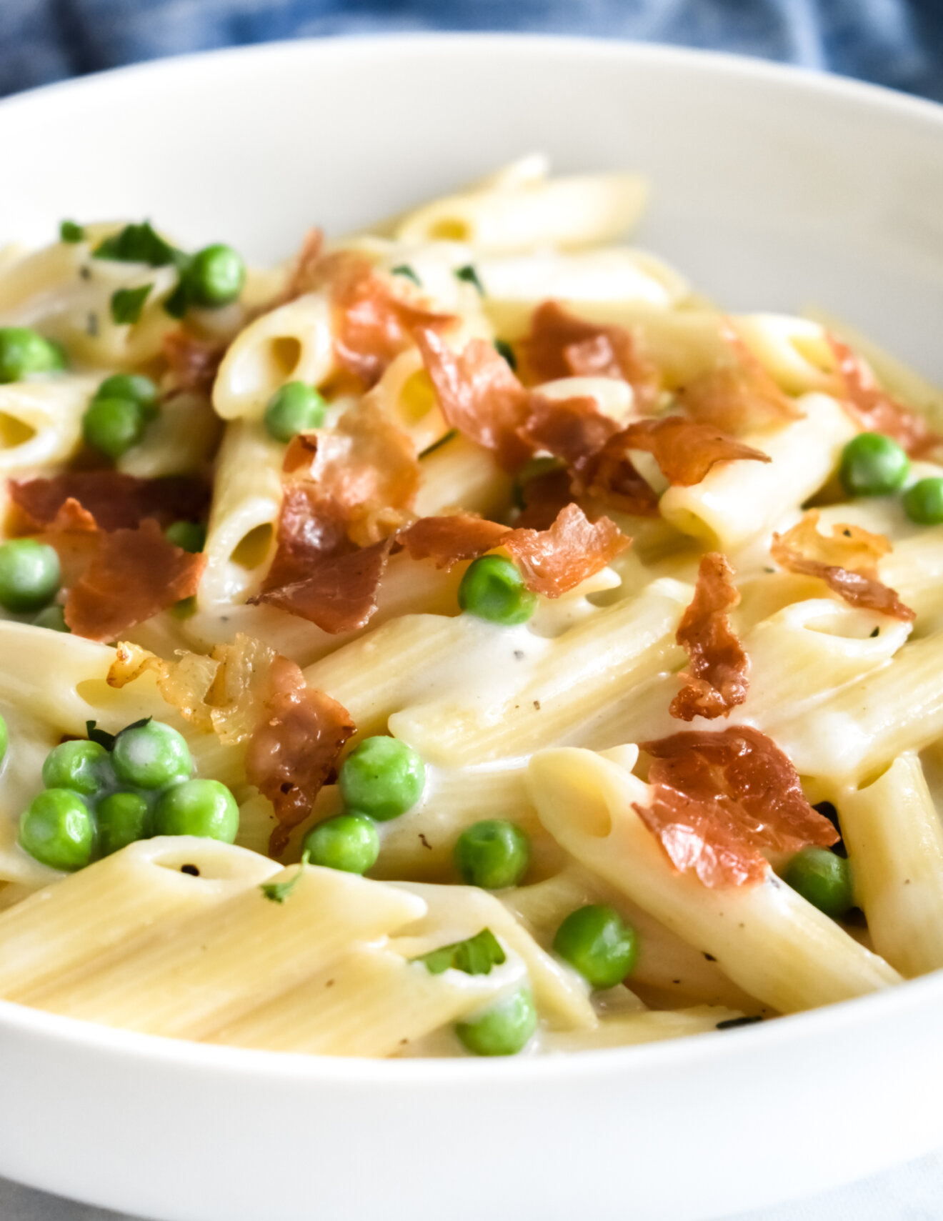 Creamy Penne Pasta with Peas and Crispy Prosciutto - Herbs & Flour