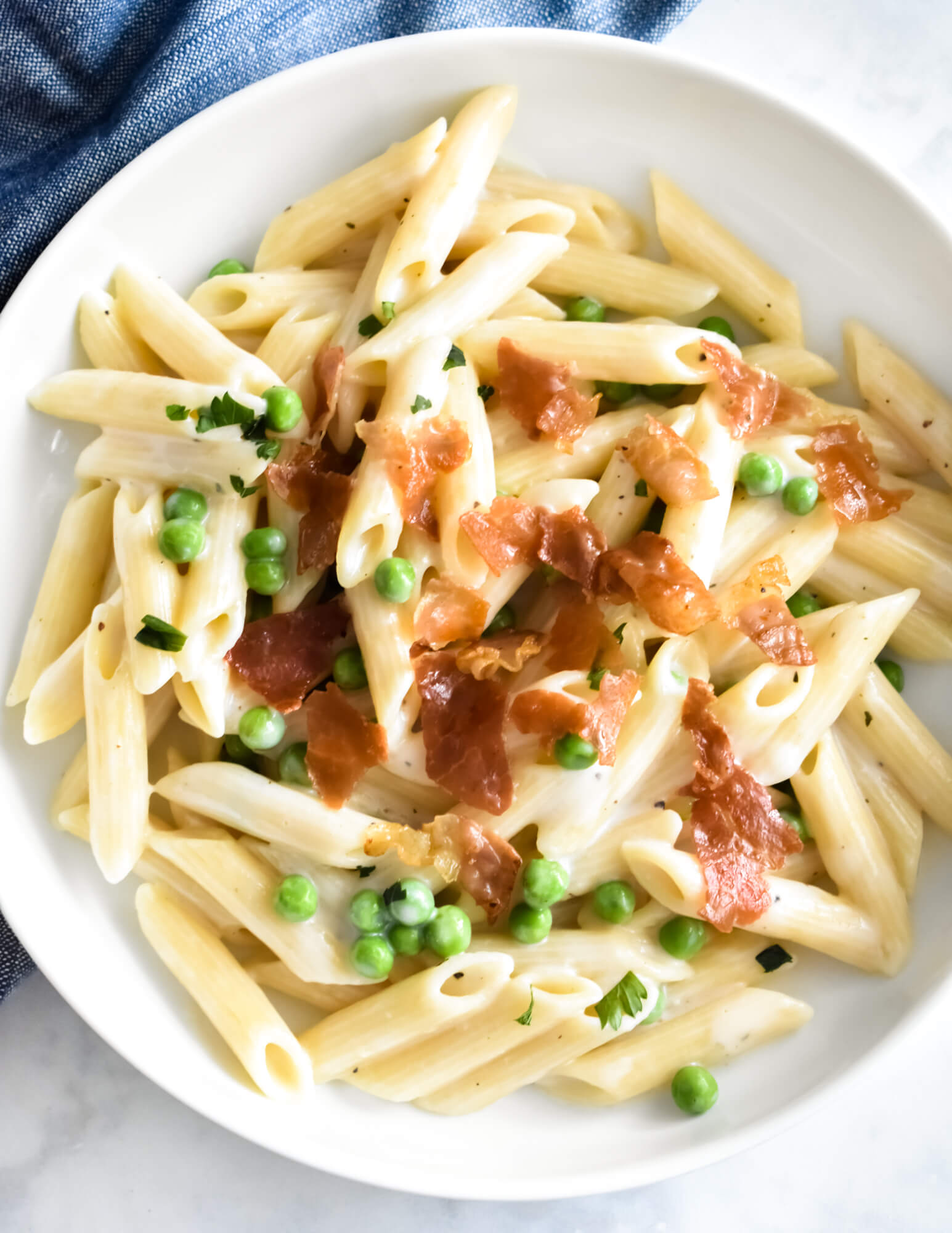 Creamy Penne Pasta with Peas and Crispy Prosciutto - Herbs & Flour