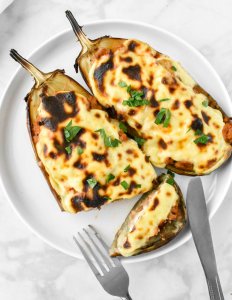 Papoutsakia (Greek Stuffed Eggplant) - Herbs & Flour